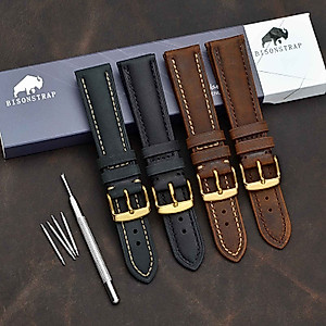 BISONSTRAP Vintage Watch Straps with Gold Buckle, Leather Replacement Band 20mm (Dark Brown)