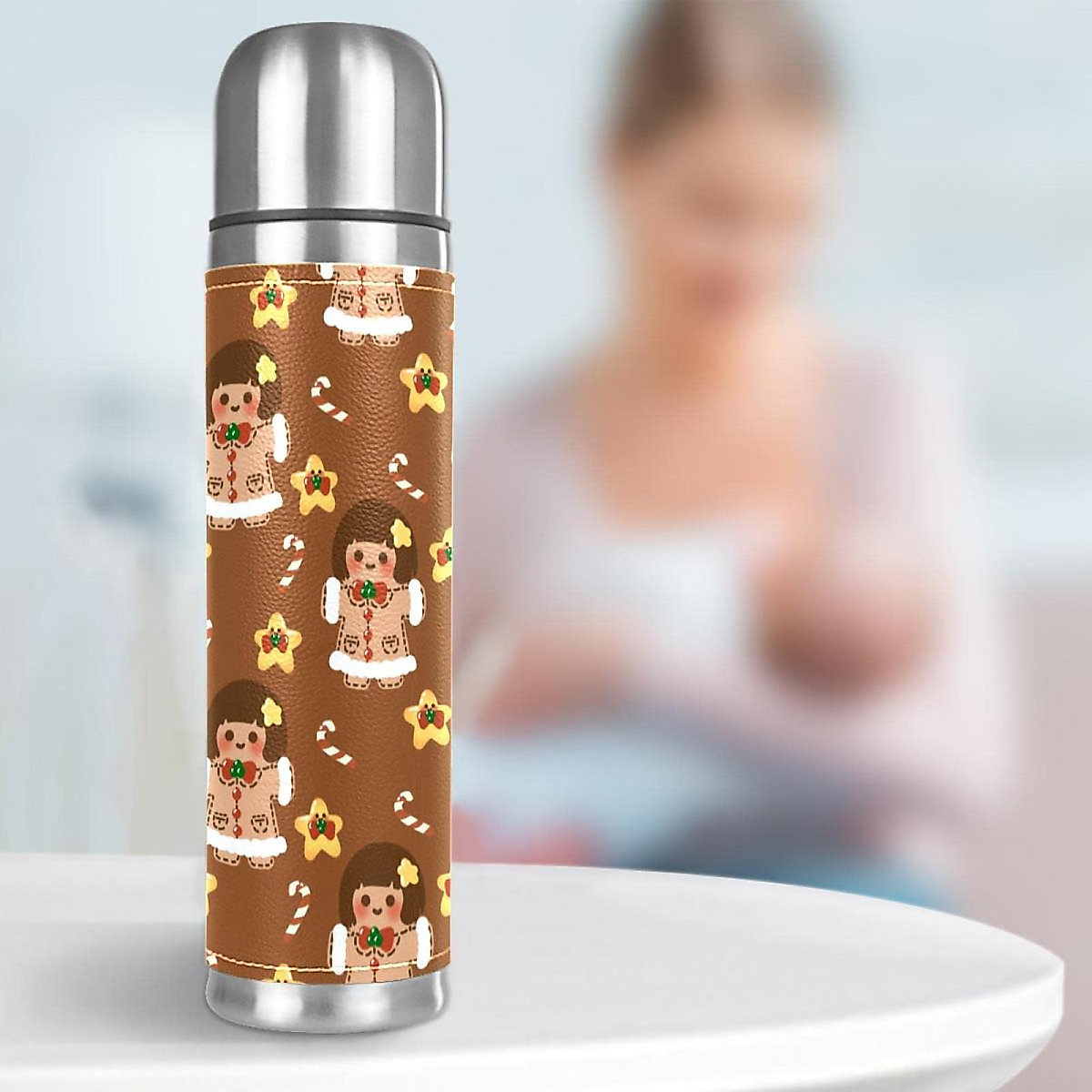 Stainless Steel Leather Vacuum Insulated Mug Christmas Cookies Thermos Water Bottle for Hot and Cold Drinks Kids Adults 16 Oz