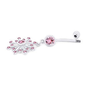 AFFY Round Shape Simulated Tourmaline Snowflake Belly Button Navel Ring in 14K White Gold Over Sterling Silver