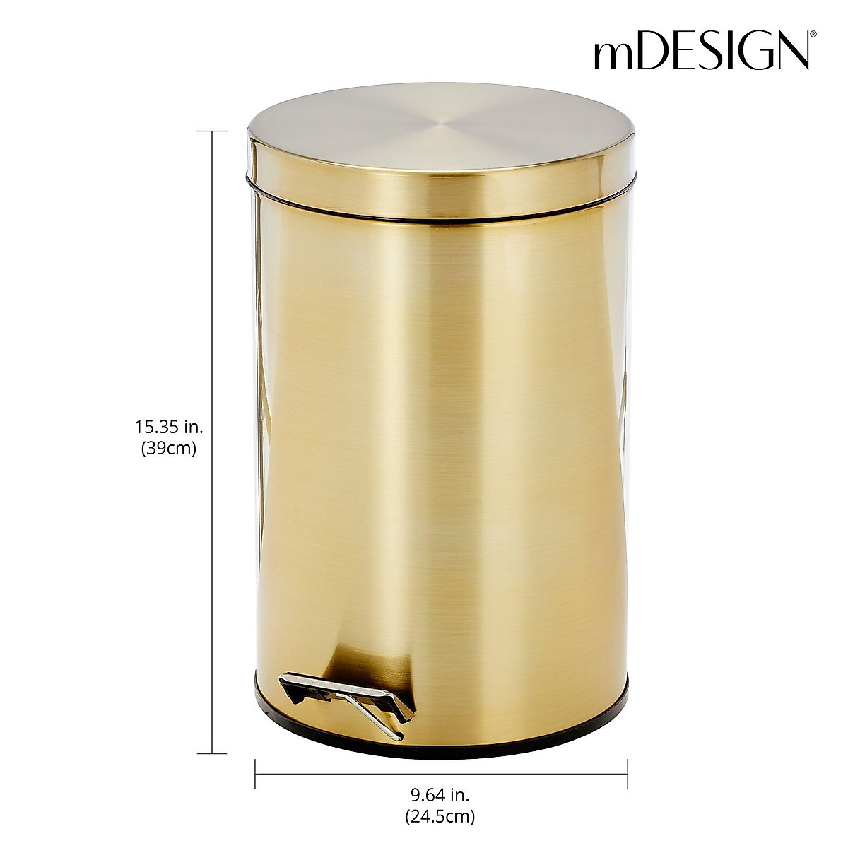 mDesign 3 Liter Round Small Metal Step Trash Can Wastebasket, Garbage Container Bin - for Bathroom, Powder Room, Bedroom, Kitchen, Craft Room, Office - Removable Liner Bucket - Soft Brass