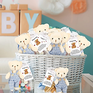 20 Sets Miniature Bear with Clothes Stuffed Plush Bear Decorations, 4.7 Inch Bears Baby Shower Doll Favors Bear Hug Gift Card White Organza Bags for Guest Baby Shower Souvenirs Birthday Party (Blue)