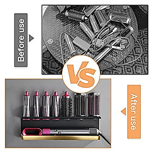 Yimerlen Airwrap Storage Holder Compatible with Dyson Airwrap Curling Iron Wall Mount Storage Rack Holder for Bathroom Attachments Organizer (Black/Gold, with Air Cushion Comb)
