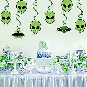 Swirls & Cutouts Green Alien Theme Hanging Swirl Decorations UFO Theme Ceiling Whirl Streamer Hanging Cutouts Alien Invasion for Kids Girls Boys Birthday Baby Shower First Birthday Party Supplies
