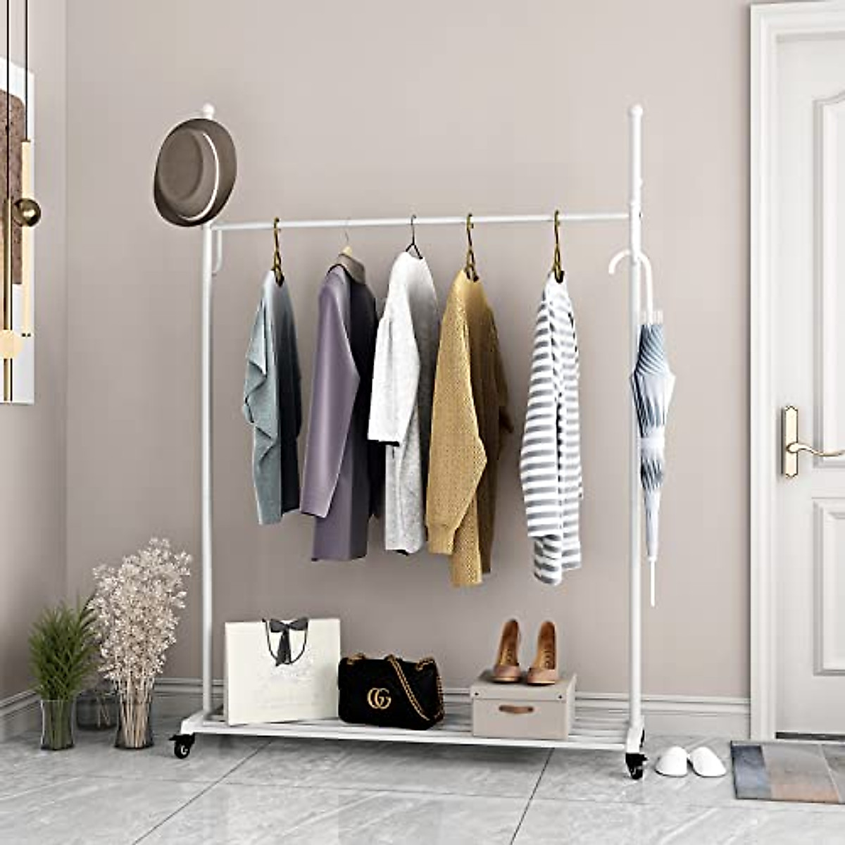 DR.IRON Rolling White Clothing Racks on Wheels,Metal White Clothes Racks with Shelves,Modern Coat Rack freestanding for Organizing Clothes and Shoes,bags,hats