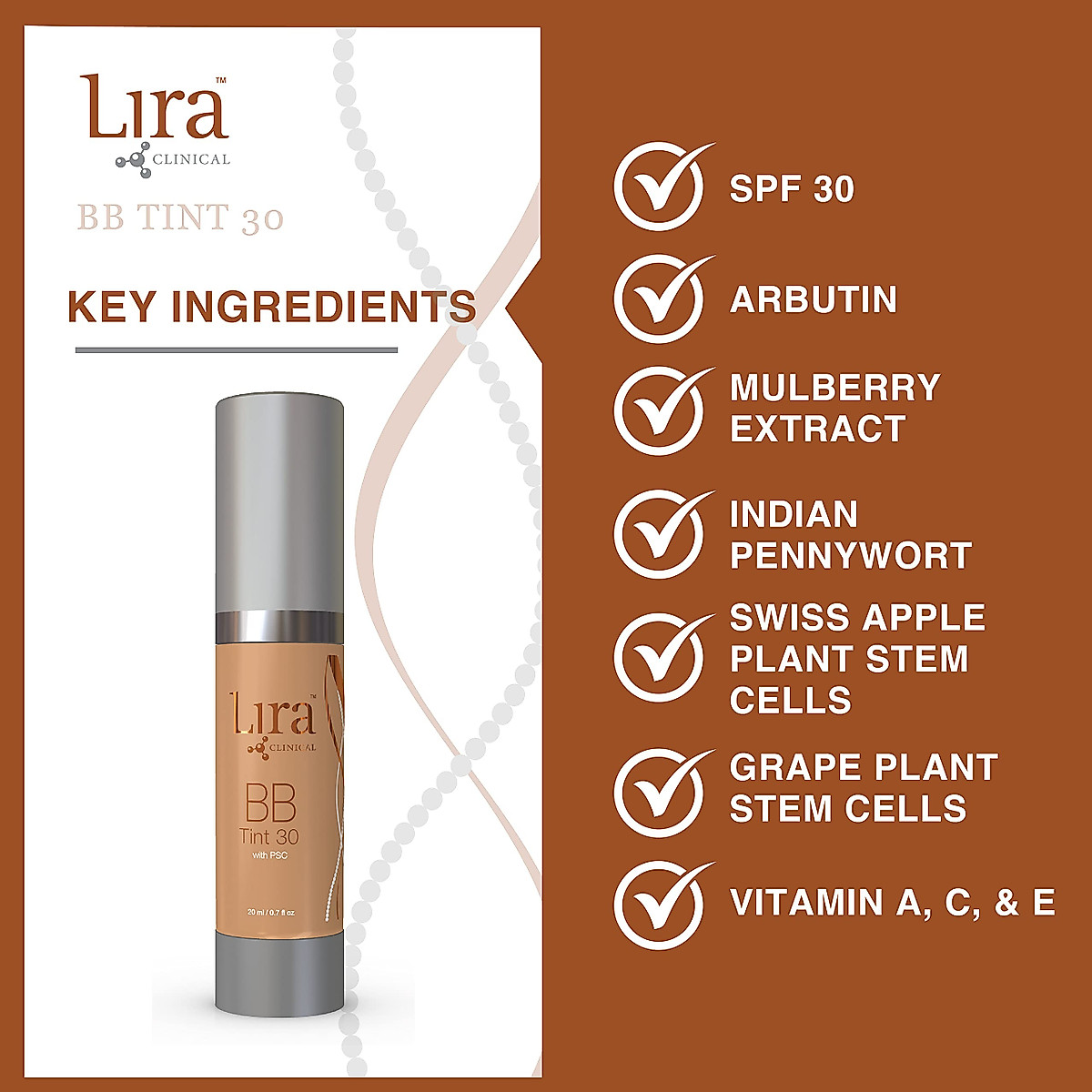 Lira Clinical BB - SPF 30 Tinted BB Cream with PSC & Vitamins - Full coverage - 0.7 fl oz. (BB Tint 30)