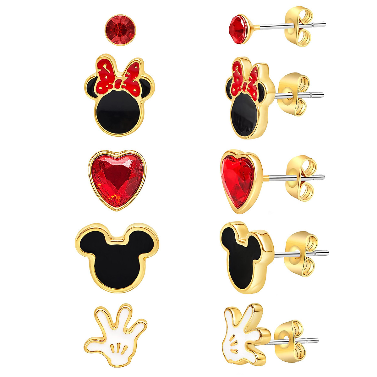 Disney Mickey and Minnie Mouse Earrings 5 Pack Official License, Red Crystal and Enamel Plated Stud Earrings