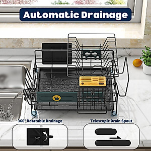 slhsy Dish Drying Rack for Kitchen Counter,Detachable 2 Tier Stainless Steel Dish Strainers with Utensil/Cup/Cutting-Board Holder and Knife Block Rust-Proof Dish Drainer，Black