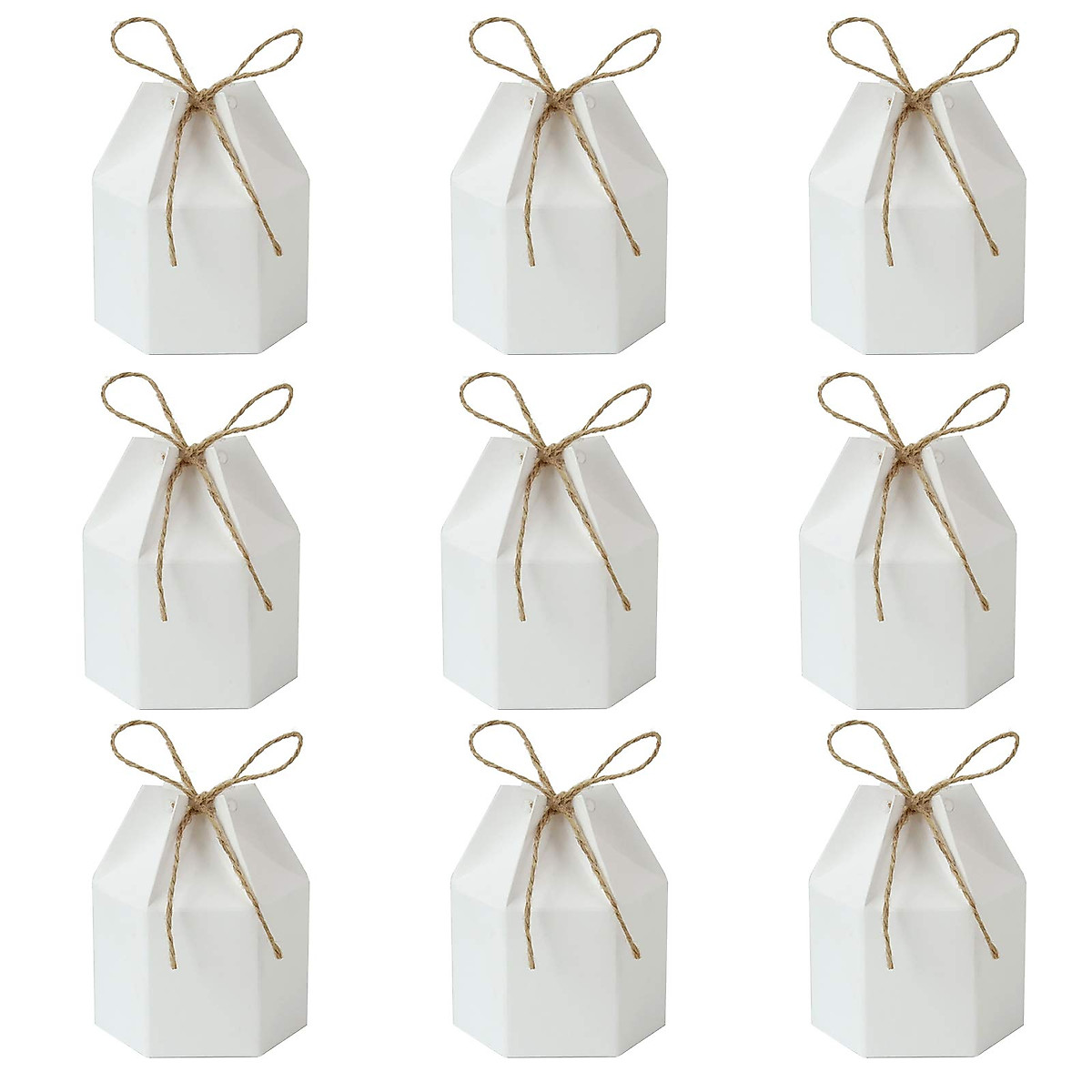 50Pack Paper Gift Boxes Lantern Hexagon Kraft Paper Package Box with Twine Candy Chocolate Gift Packing Wrap for Wedding Party Christmas White