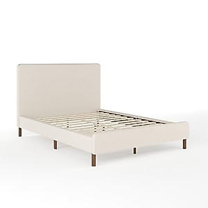 Martha Stewart Britta Platform Bed with Headboard & Footboard, Faux Linen Upholstery with Piping Detail, Rounded Headboard, No Box Spring Needed, Full, Beige