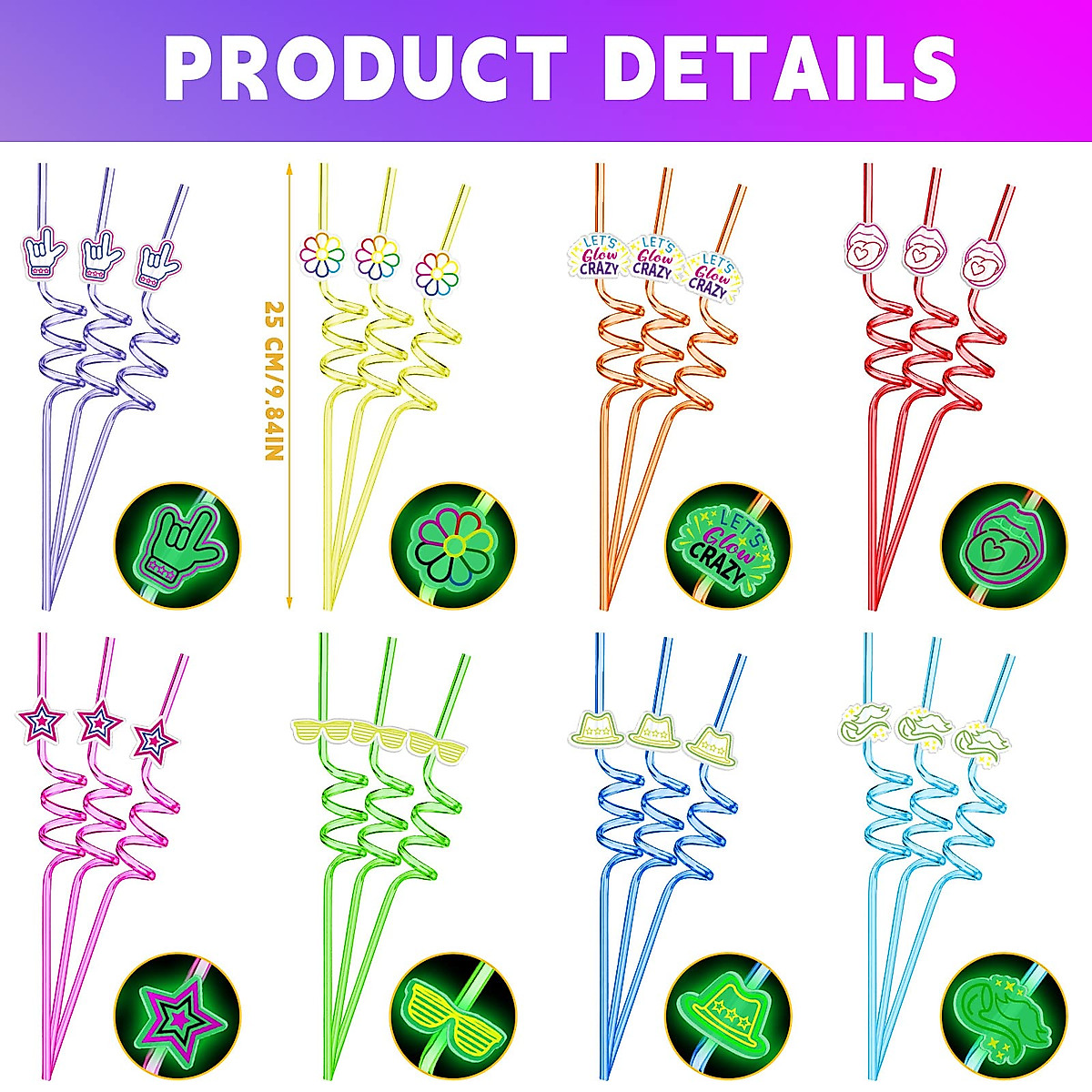 Gerrii 24 Pcs Glow in the Dark Party Favors Crazy Straw with 24 Luminous Toppers Reusable Twisty Straws Plastic Swirly Straws for Kids Neon Party Supplies Theme Birthday Drinking Decorations, 8 Styles