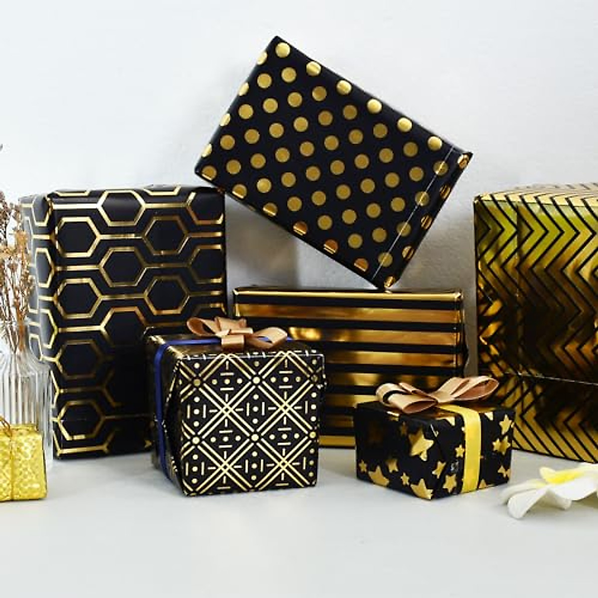 BEISHIDA 6 Styles Christmas Gift Wrapping Paper Set with Ribbon&Double-Sided Tape,Birthday Gift Wrapping Paper with Black Gold-Metallic Foil Design,DIY Craft,12 Sheets Folded 20x28in