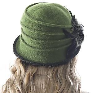Women's Wool Dress Church Cloche Hat Bucket Winter Floral Hat (Green)
