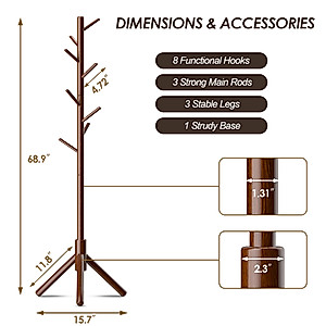 YOFU Coat Rack Sturdy Wooden Coat Rack Stand, Adjustable Coat Tree, Free Standing Tree Hanger with 3 Sections & 8 Hooks, for Home, Office, Bedroom, Entryways (Dark Walnut)