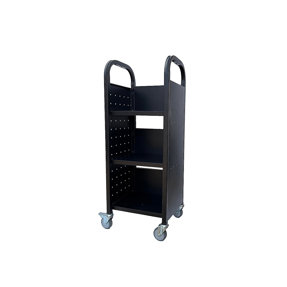 Workington Single Bank Rolling Book Truck Book Cart with 3 Flat Shelves, Library Book Cart with Swivel Lockable Casters 3000 Black