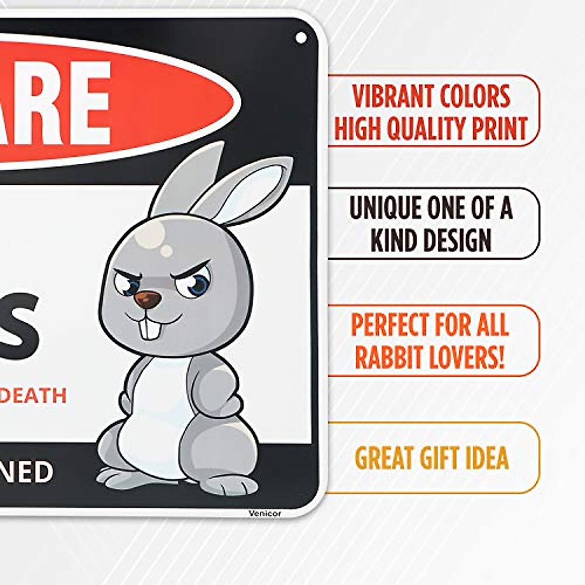 Venicor Beware of Rabbit Sign Decor - 8 x 12 Inches - Aluminum - Bunny Rabbit Decorations Accessories Gifts Supplies Stickers Stuff