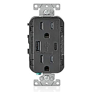 Leviton T5633-E 15-Amp Type A & Type-C USB Charger/Tamper Resistant Outlet, Not for Laptops, Black