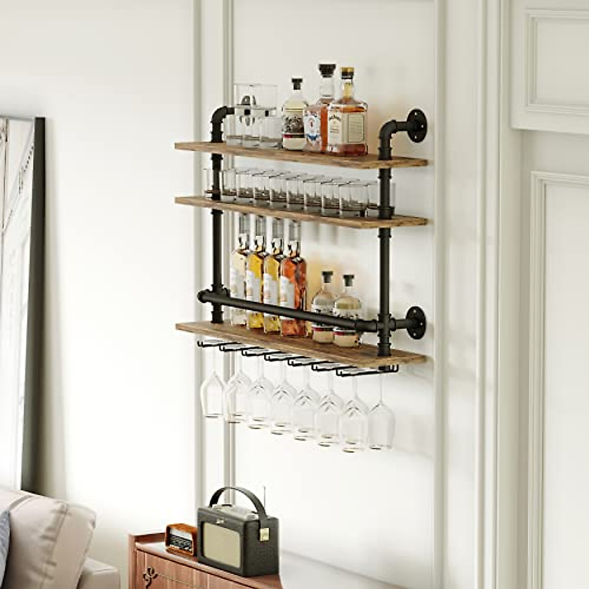 HKaikzo 36” L Industrial Pipe Shelves 3 Tier Hanging Wine Rack Wall Mounted, with 6 Stem Glass Holder Kitchen/Living Room/Home Wood Floating Wall Shelf