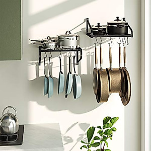 Love-KANKEI Pot Rack Wall Mounted Set of 2 Pan Pot Organizer Wall Shelves with 16 Hooks for Kitchen Cookware Utensils Organization Black