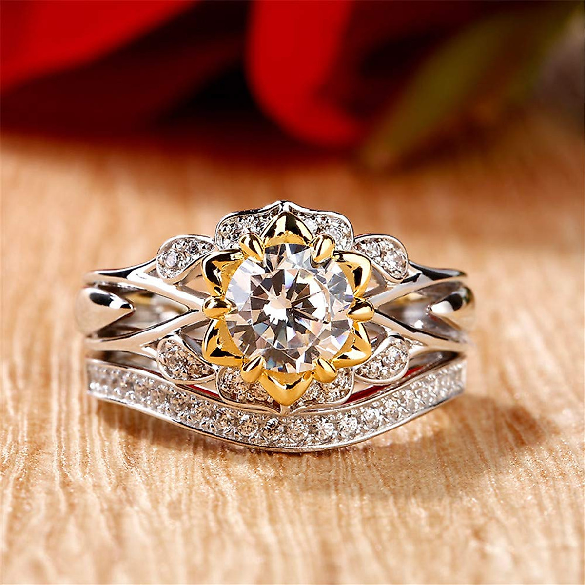 Jeulia 2 Carat Flower Engagement Ring Set for Women 14K Gold Plated Wedding Band Round Cut Cubic Zirconia Rings CZ Solitaire Engagement Rings (5)