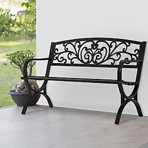 PayLessHere Black Outdoor Metal Loveseat Chairs Patio Garden Bench 50-inch Slatted Seat Armrests Floral Design Backres Perfect for Park, Yard, Porch, Lawn, Balcony, Backyard
