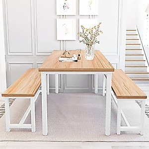 Recaceik Dining Room Table Set with 2 Benches, Kitchen Dining Table Set for 2-4 Person, Space Saving Kitchen Table and Chair Set with Metal Frame for Dining Room, Small Space, Breakfast Nook(Walnut)