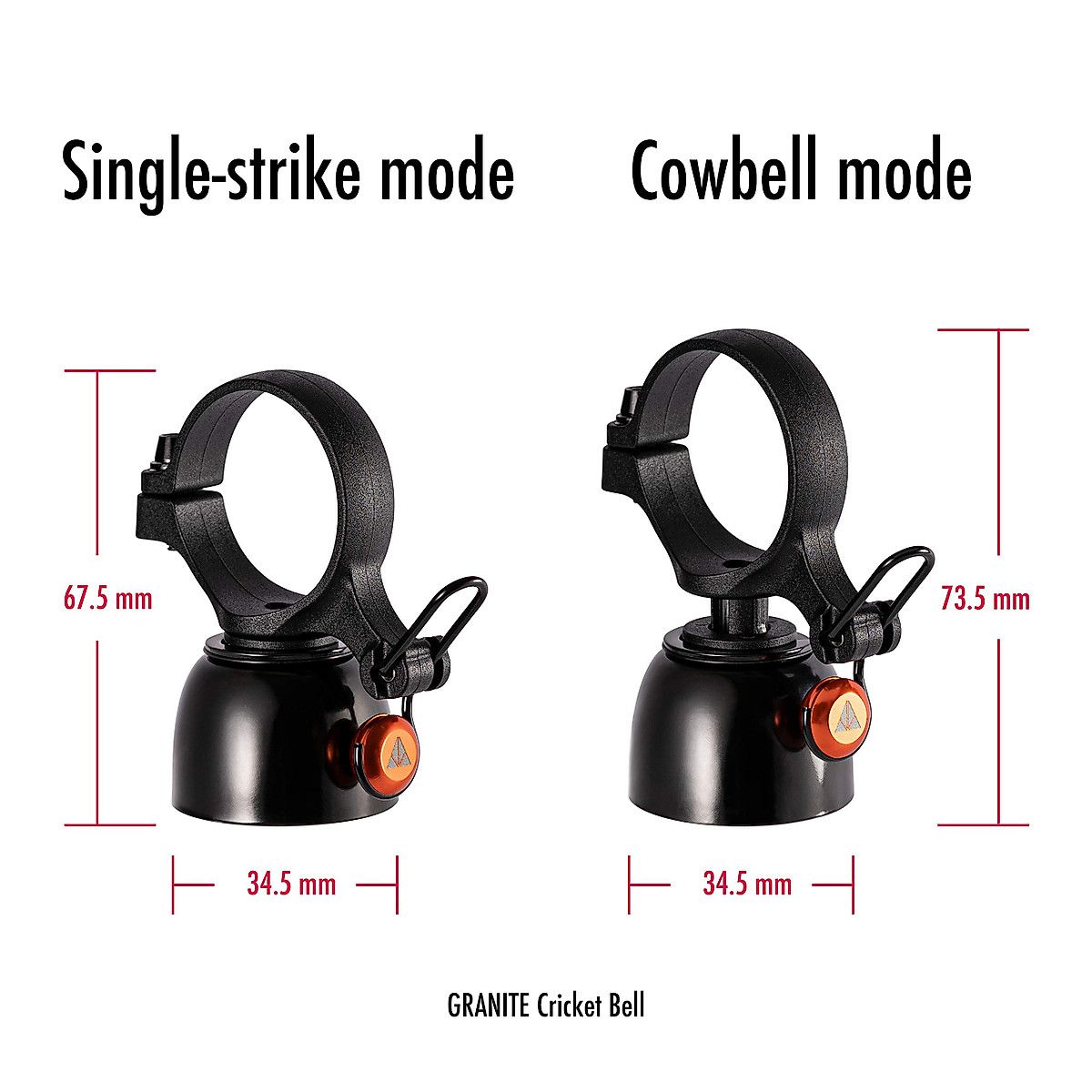 Granite Cricket Mountain Bike Bell with Single-Strike Mode and Constant Cowbell Mode, Bike Bell for Mountain Bike, BMX Bike, Road Bike and Gravel Bike, Bicycle Bell for 22.2mm to 35mm Handlebars