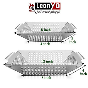 Leonyo 12" & 8" Grill Basket for Vegetables & Meat – 3PCS Heavy Duty Grill Utensils Set, Built to Last Stainless Steel Barbecue Grilling Accessories for All Grills & Smokers & Veggie, Grilling Gift