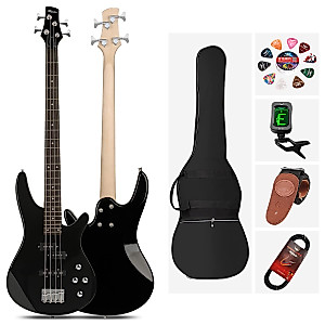 Electric Bass Guitar 4 Strings Full Size P Bass Beginner Kit Black for Starter with Gig Bag, Guitar Strap, and Guitar Cable (Black)