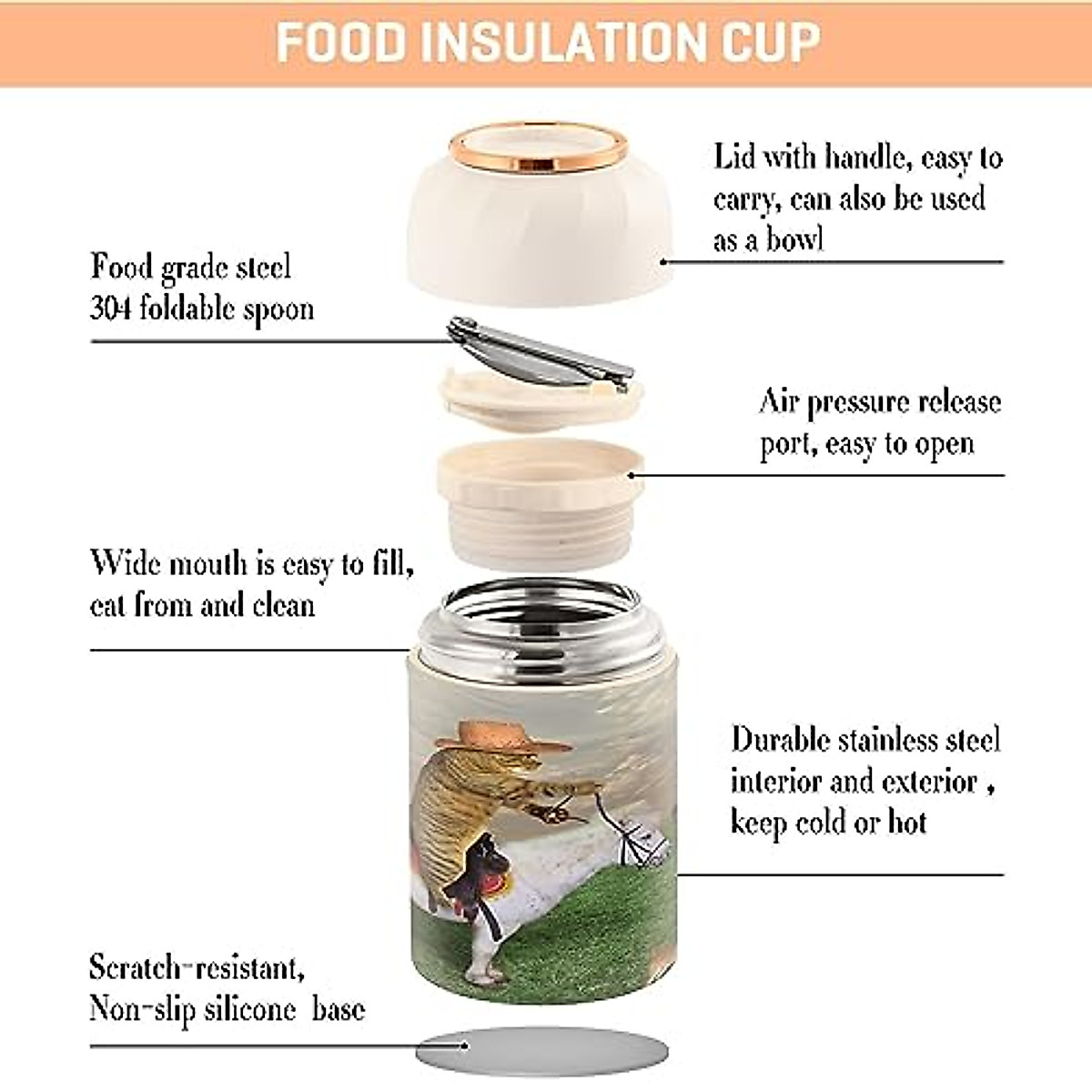 CUPADA Funny Cat Shepherd Food Jar, 3d White Horse Insulated Hot Food Jars Vacuum 17OZ with Folding Spoon for Work Trip Picnic Camping