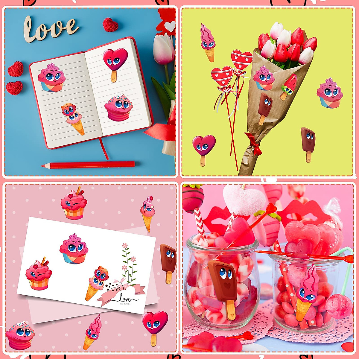 FaCraft 216PCS Valentine's Day Stickers for Kids,Sweet Cupcake Ice Cream Dessert Stickers Funny Valentines Day Labels Sticker for Envelopes Cards Scrapbooking Valentine's Decorations