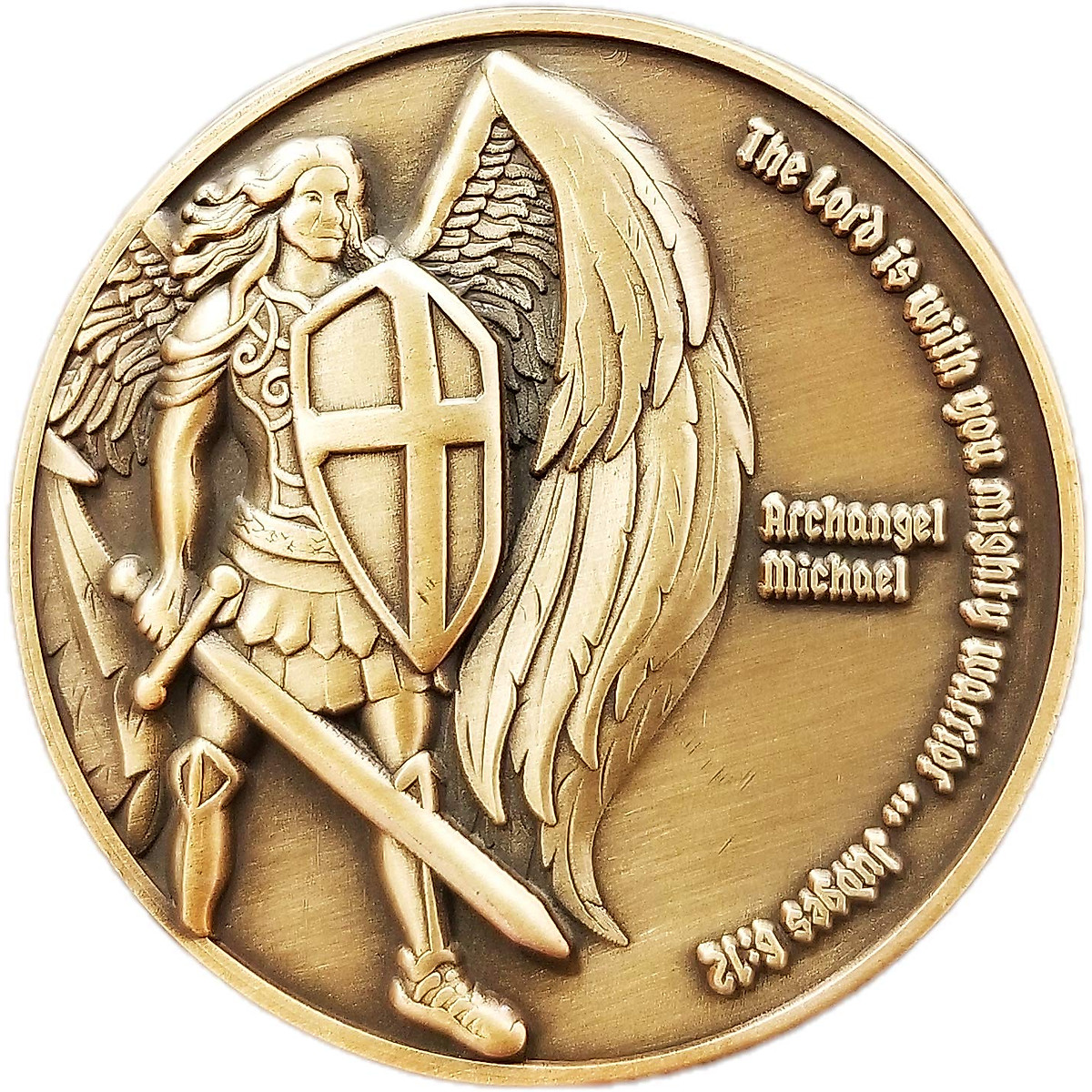 Archangel Saint Michael, Antique Gold-Color Plated Challenge Protection Coin, The Lord is with You Mighty Warrior, Judges 6:12 and No Harm Will Overtake You, Psalm 91 Gift