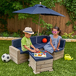 KidKraft Wooden Outdoor Sectional Ottoman & Umbrella Set with Cushions, Patio Furniture for Kids or Pets, Barnwood Gray & Navy