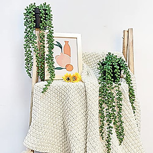FUNARTY 2pcs Faux Plants Indoor — Artificial String of Pearls Plant in Black Pots, Realistic Green Fake Hanging Plants for Shelf Decor Desk Home Garden Decorations