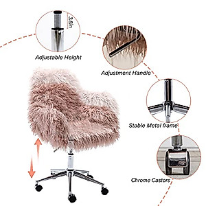 SSLine Desk Chair Faux Fur Task Chair,Modern Cute Accent Armchair Office Chair,Comfy Fuzzy Swivel Makeup Stool Desk Chair with Wheels for Living Room/Bedroom/Dressing Room,Pink