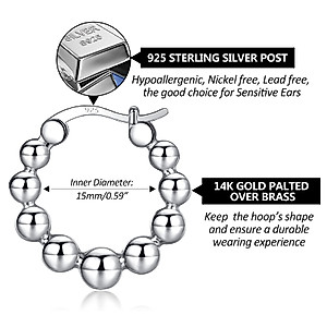 Nupdot Chunky Silver Hoop Earrings for Women | Thick 925 Sterling Silver Post Beaded Ball Huggies Earrings Lightweight Hypoallergenic Hoops Jewelry Gifts. 15mm