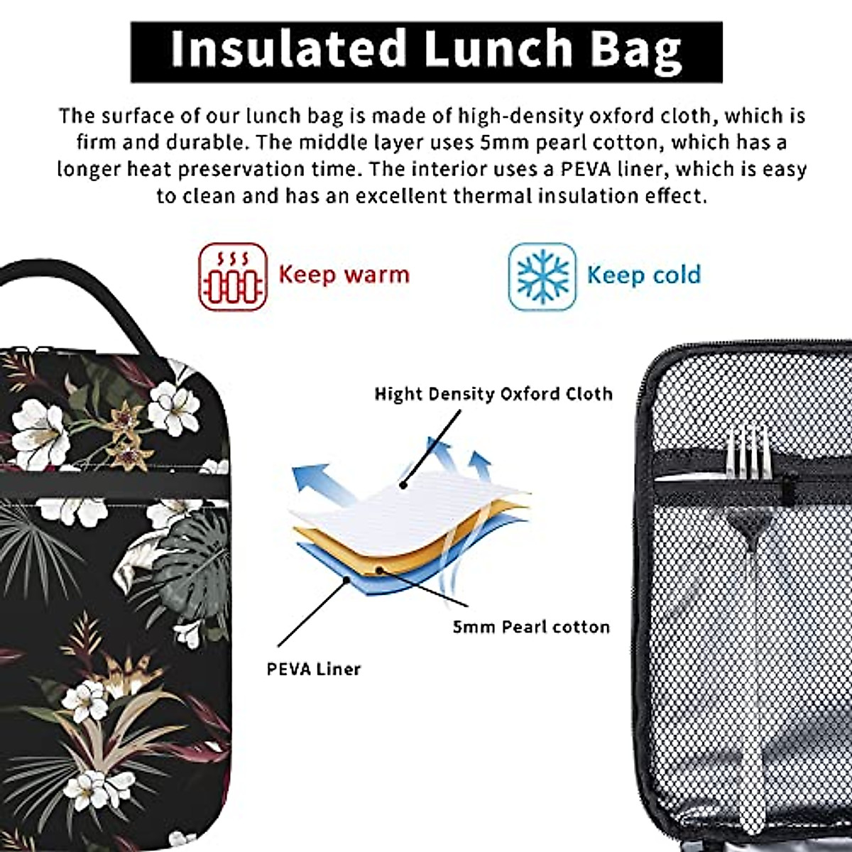 GAMSJM White Flower Lunch Box for Women, Black Insulated Lunch Bag