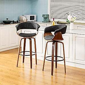 glitzhome Bar Stools Set of 2, 28’’ Swivel Barstools with Curved Back, Bar Height Stools Bar Chairs with Backrest, Footrest, Solid Bentwood Frame, Black