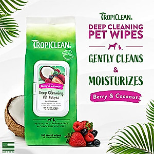 TropiClean Berry & Coconut Dog Wipes for Paws and Butt | Deep Cleaning Dog Grooming Wipes | Safe for The Face | Cat Friendly | 100 Count