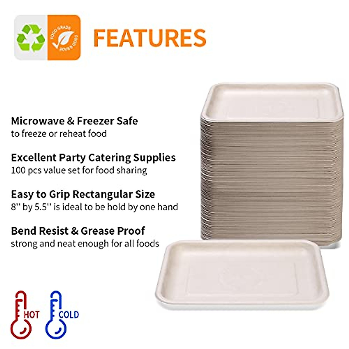 Celel 100 Pack 8 Inch Rectangle Paper Plates Heavy Duty, Bend-Resist Compostable 8 inch Disposable Trays for Taco, Burrito, Meat, Hot Dog