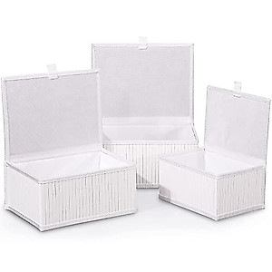 Honygebia Bamboo Decorative Storage Boxes - Set of 3 Woven Lined Storage Basket with Lids, White Wicker Lidded Baskets for Home Kitchen Shelf Organizer Decor