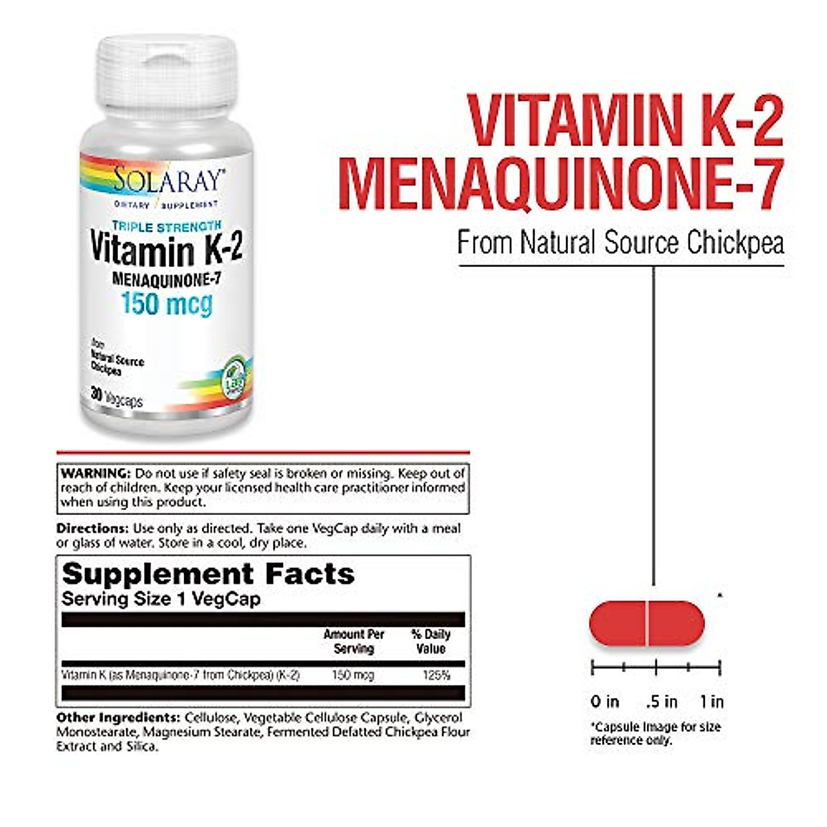 SOLARAY Triple Strength Vitamin K-2 as MK-7, 150 mcg | Heart & Bone Health, Vascular Function Support | 30ct