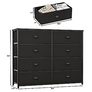 Furnulem 8 Drawer Dresser Wide 40'' Long, Storage Chest of Drawer for 50'' TV Stand, Closet, Bedroom, Nursery, Fabric Bins, Wooden Top Living Room Rustic Furniture (Black)