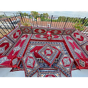 Traditional Floor Cushions, U Shaped Maroon Sectional Sofas, Arabic Floor Sofa Set, Pallet Sofa, Arabic Majlis, Yoga Meditation Sofas (U Sofa Full Set)