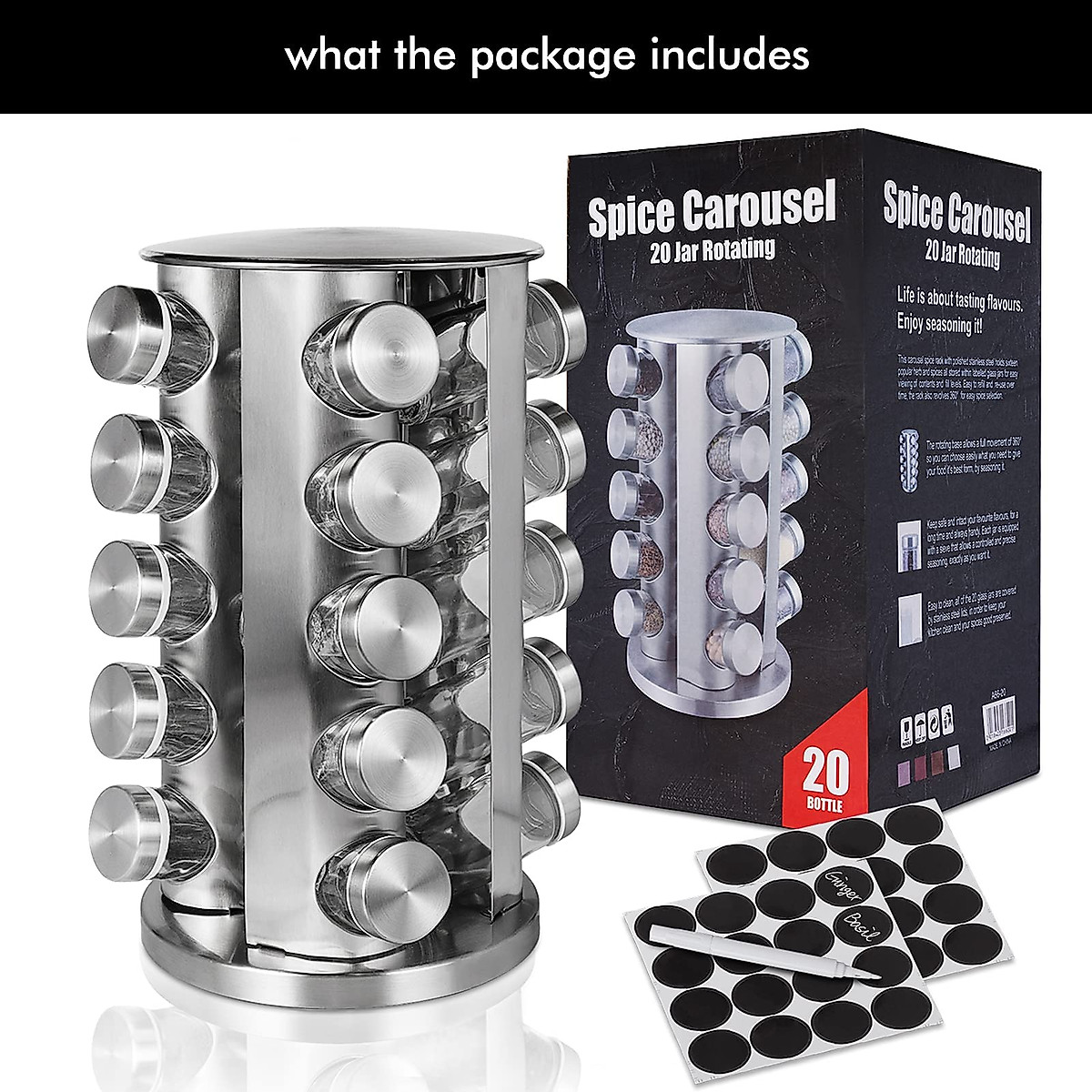 Baker Boutique Spice Rack, Spice Rack Organizer for Countertop, Rotating Spice Rack with Jars, Spinning Spice Rack Shelf, Revolving Spice Rack for Kitchen (Silver)