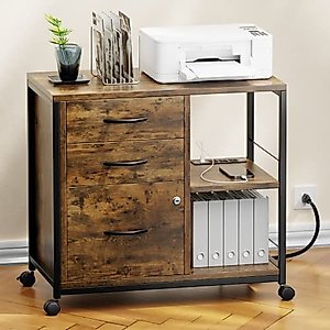 Himusi 3 Drawer Wood File Cabinet with Socket and USB Charging Ports for Home Office, Rolling Lateral Filing Cabinet with Locking Drawer for A4/Letter Size, Printer Stand with Storage, Rustic
