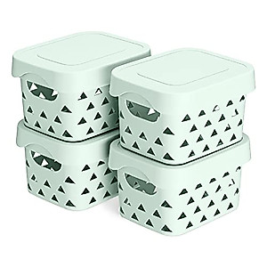 Navaris Plastic Storage Baskets with Lids (Set of 4) - 8.7" L x 6.9" W x 5.1" H - Stackable Basket Organizing Containers Bins with Lid - Mint Green