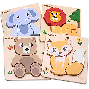 Wooden Puzzles for Toddlers 1 2 3 Year Old Animals Shape Puzzle Toys for Travel Airplane Gift for Kids Montessori Early Development Gifts for Baby Boys Girls with Drawstring Bag Pack of 4