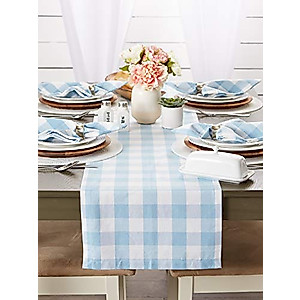 DII Buffalo Check Collection, Classic Farmhouse Table Runner, 14x72, Light Blue & White
