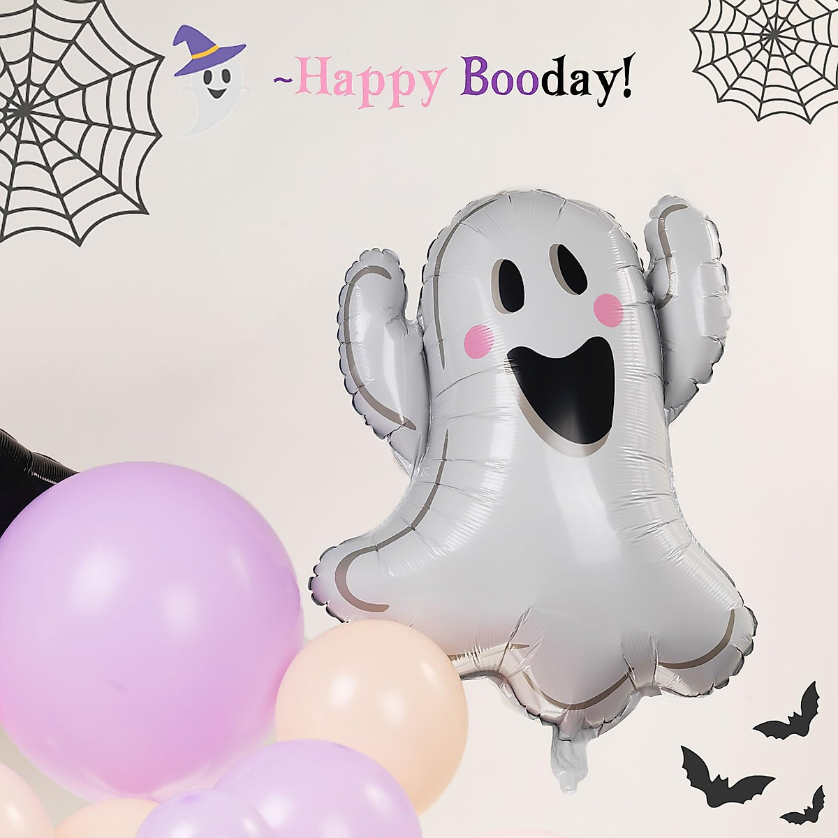Kozee Pastel Halloween Birthday Balloon Garland Decorations Kit 130 Pcs Purple Pink Orange Balloons + Bat Ghost Mylar Balloons for Spooky Halloween Arch Booday Party Decorations