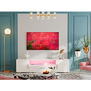 HOUAGI LED TV Stand for TVs up to 70 Inches, Modern Entertainment Center with Storage Drawers,TV Stands for Living Room Bedroom, White